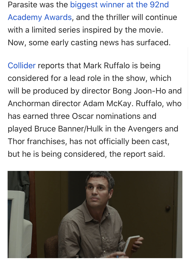 익스트림무비 - Mark Ruffalo 가 주연으로 유력한듯 합니다 .기생충 리드롤로 HBO show