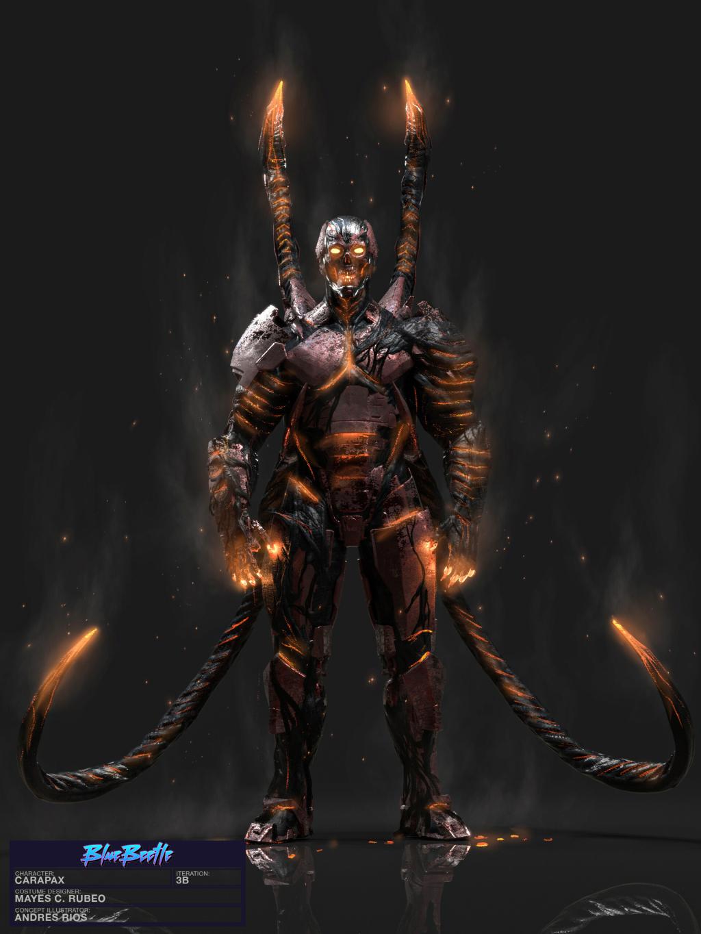 익스트림무비 - '블루비틀' 초기 컨셉아트들, 숄로 마리두에나 수트 장착 과정 영상, 360도 수트 영상 등